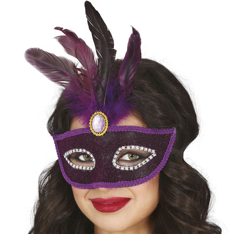 Maschera viola con piuma | Accessori per Carnevale