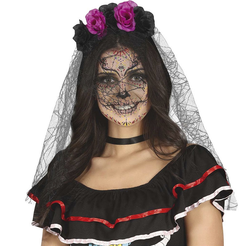 Fascia di fiori di catrina viola e nera con velo | Accessori per Halloween